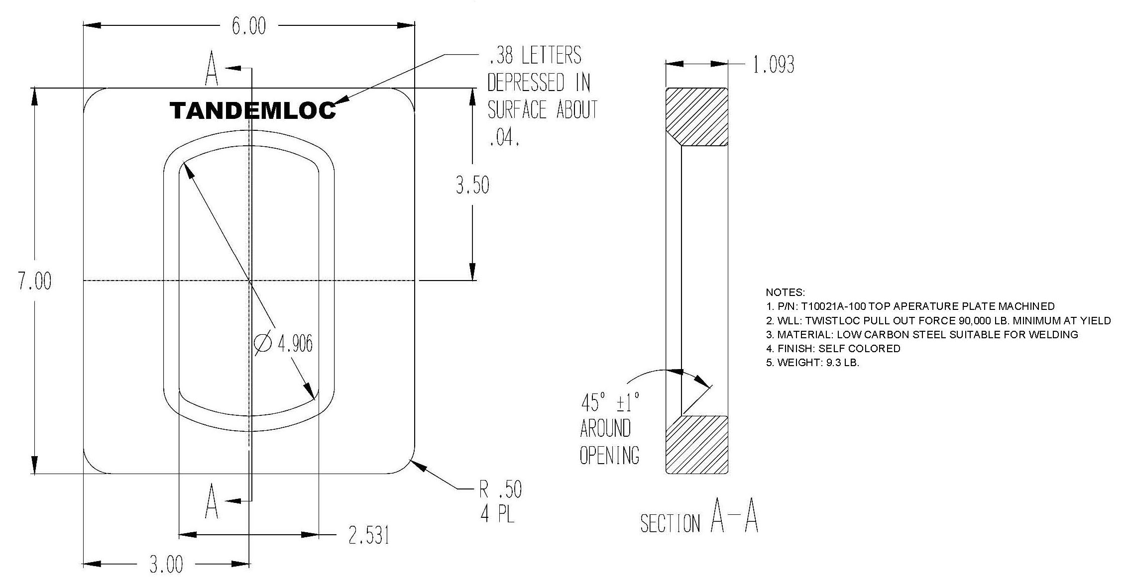 Tandemloc T10021A-100 Steel Aperture Plate | Weldable